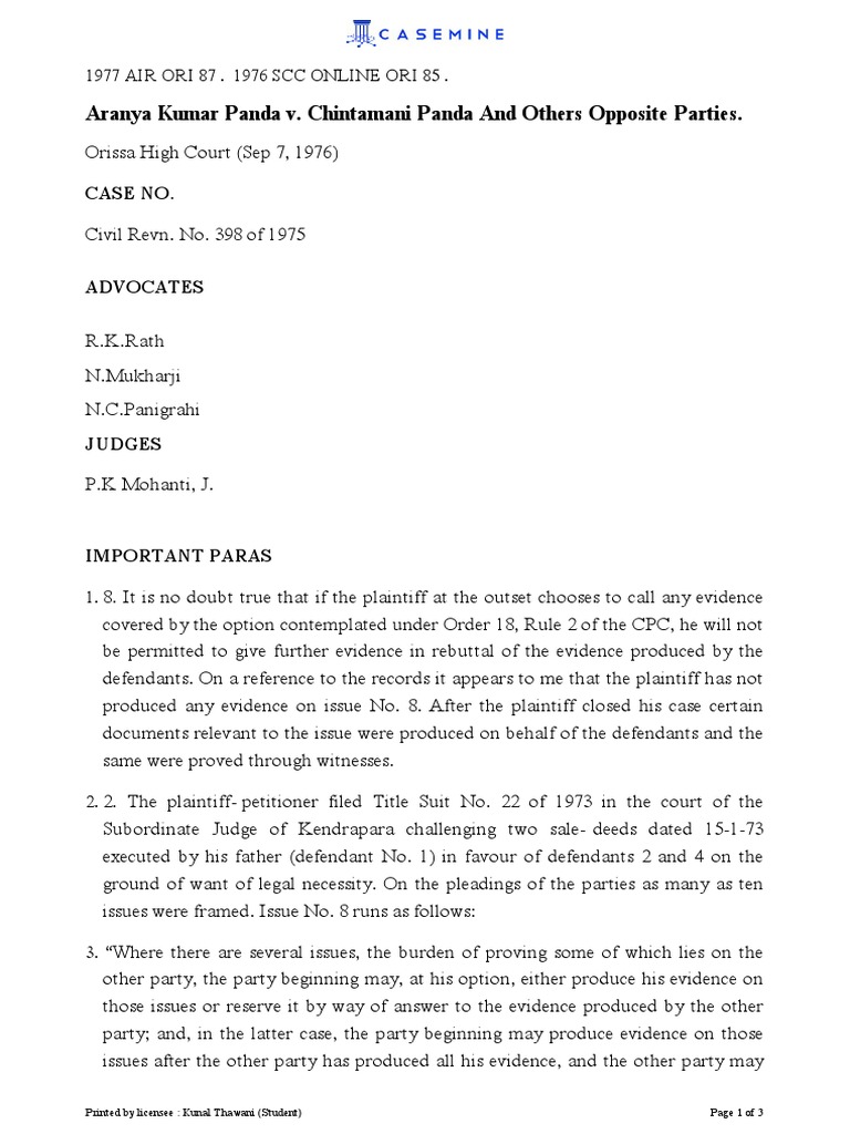 Aranya Kumar Panda v. Chintamani Panda and Others Opposite Parties ...