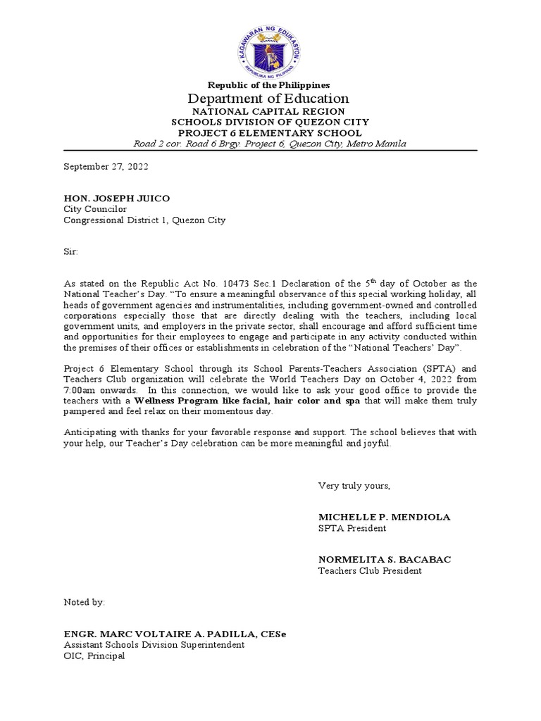 Teachers Day Solicitation Letter | PDF | Metro Manila | Philippines