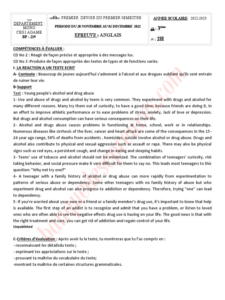 1ER DEVOIR DU 1ER SEMESTRE ANGLAIS 3ÈME 2022-2023 CEG1 AGAME | PDF | Substance Abuse | Adolescence
