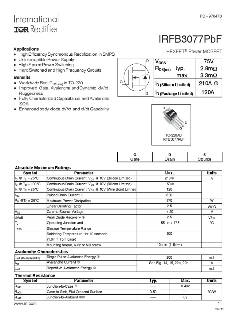 Infineon-IRFB3077-DataSheet-v01_01-EN | PDF | Field Effect Transistor ...