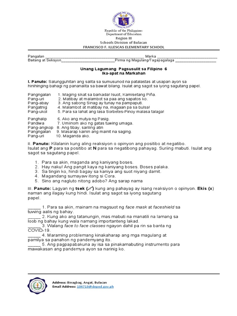 Q4 FILIPINO 6 ST & PT | PDF