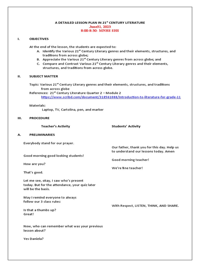 A DETAILED LESSON PLAN IN 21st CENTURY LITERATURE | PDF | Genre ...