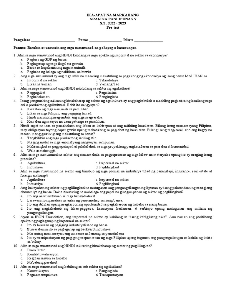 Pre-Test Blank | PDF