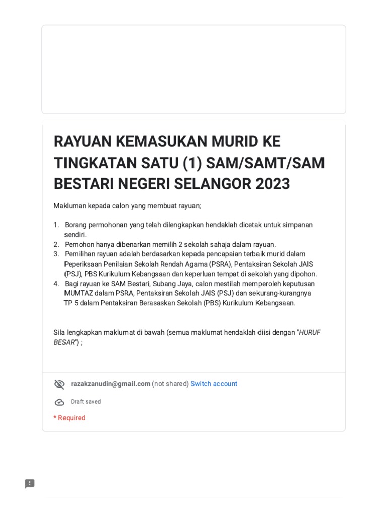 Rayuan Kemasukan Murid Ke Tingkatan Satu (1) Sam - Samt - Sam Bestari Negeri Selangor 2023 | PDF