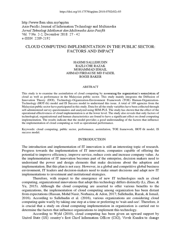 Cloud Computing Implementation in The Public Sector: Factors and Impact | PDF