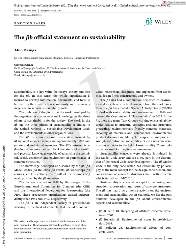 The Fib Official Statement On Sustainability | PDF | Concrete | Sustainability
