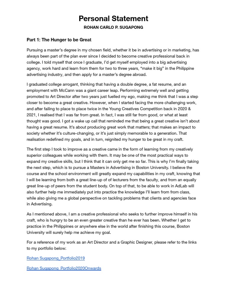 Rohan Sugapong - Boston University - Personal Statement | PDF | Advertising | Persuasion