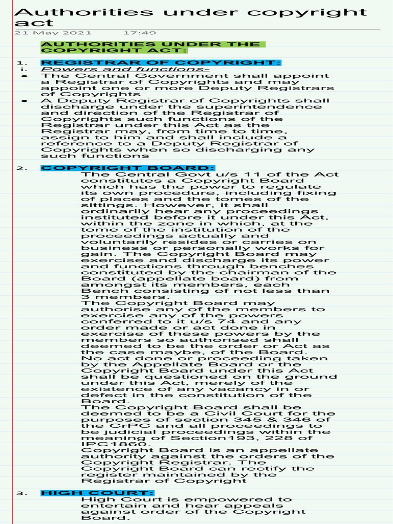 Authorities Under Copyright Act | PDF