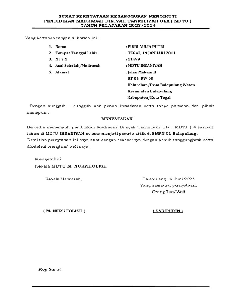 Surat - Kesanggupan - Mengikuti - Mdtu Oke | PDF