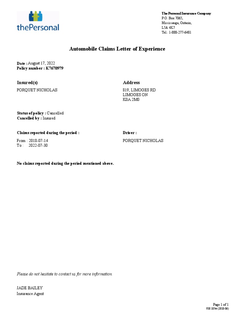 Automobile Claims Letter of Experience K7670979 20220817 150630 | PDF