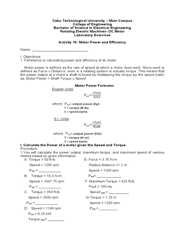 Lab Exercises 10 | PDF | Electric Motor | Power (Physics)