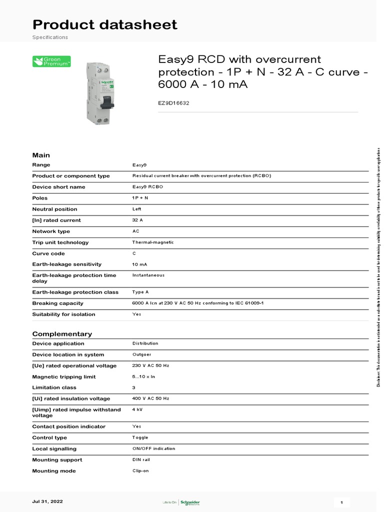 Easy9 RCBO - EZ9D16632 | PDF