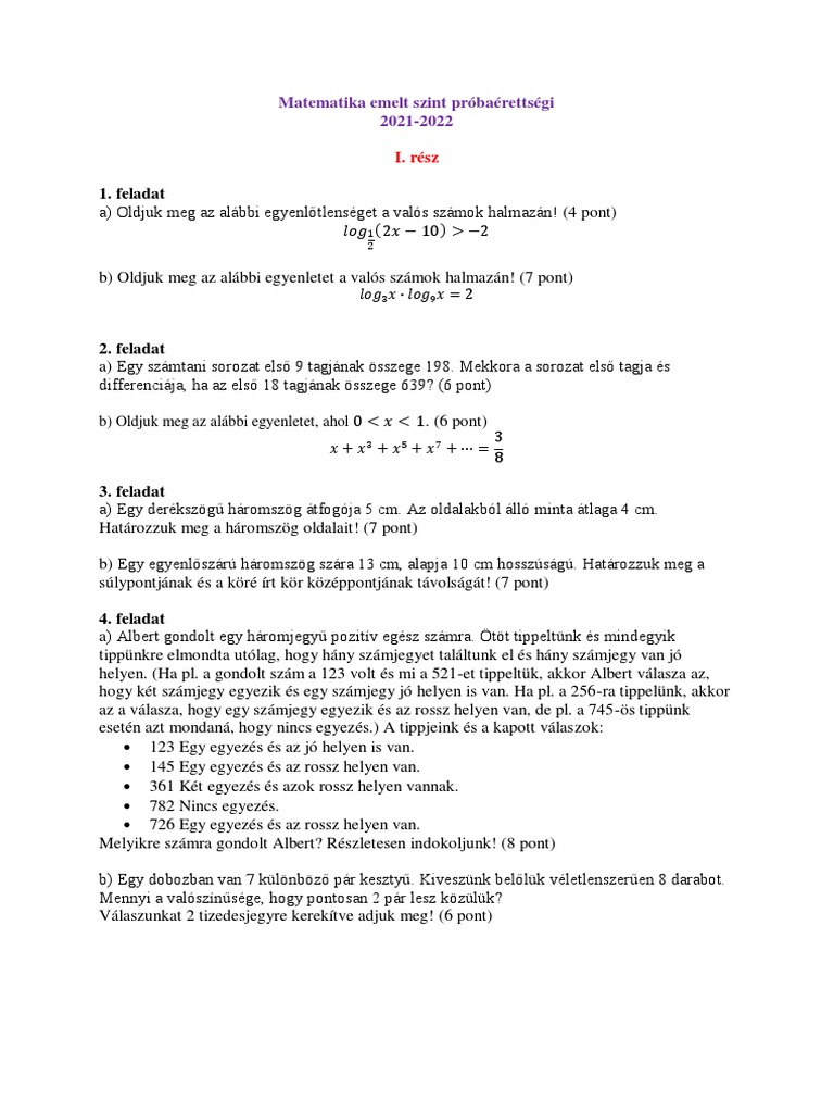 Emelt Matek Érettségi Feladatsor 2022 | PDF