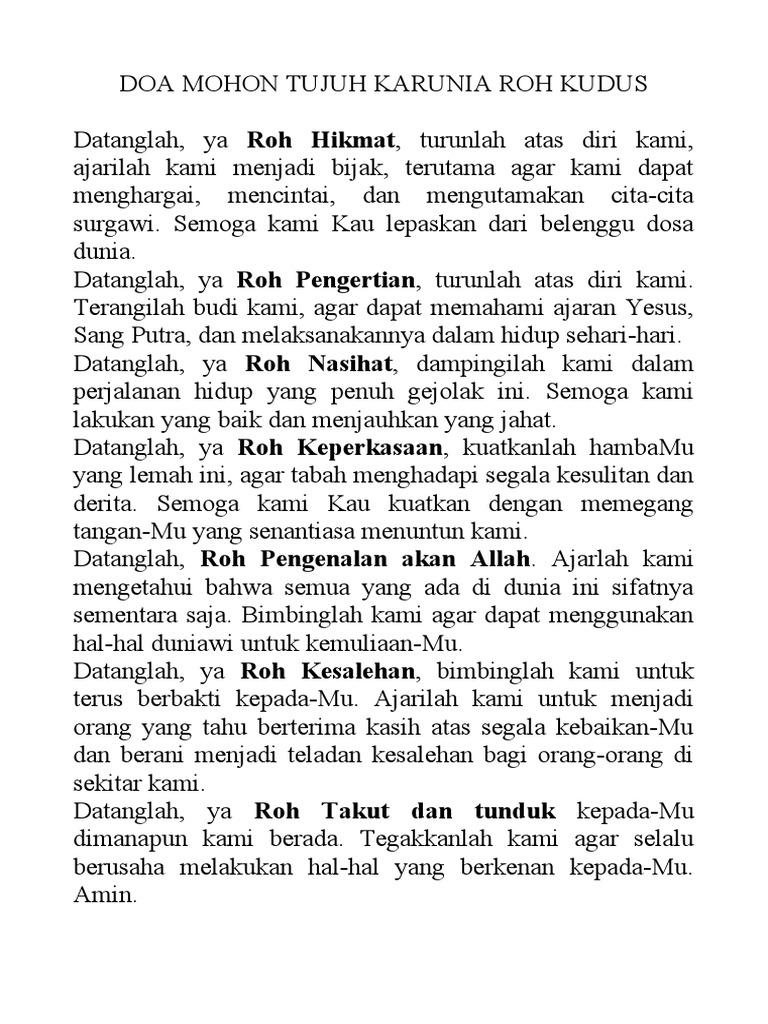 Doa Mohon Tujuh Karunia Roh Kudus | PDF