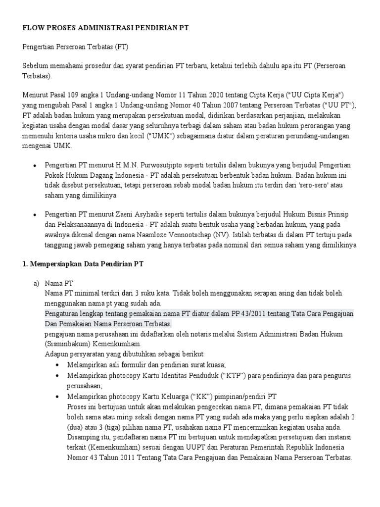 FLOW PROSES ADMINISTRASI PENDIRIAN PT | PDF