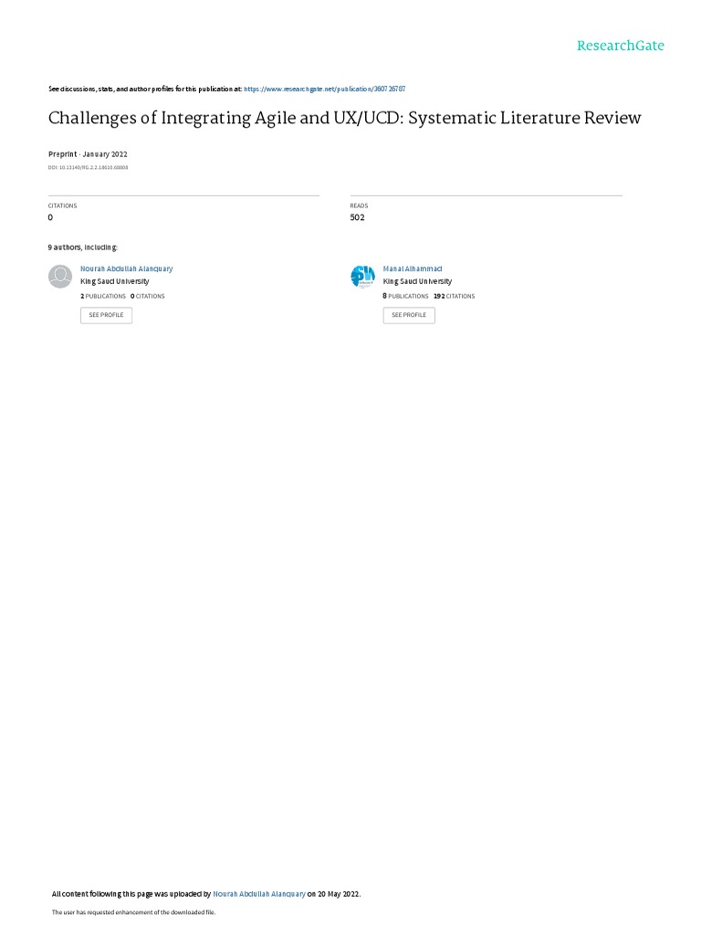 Challenges of Integrating Agile and UX/UCD: Systematic Literature Review | PDF