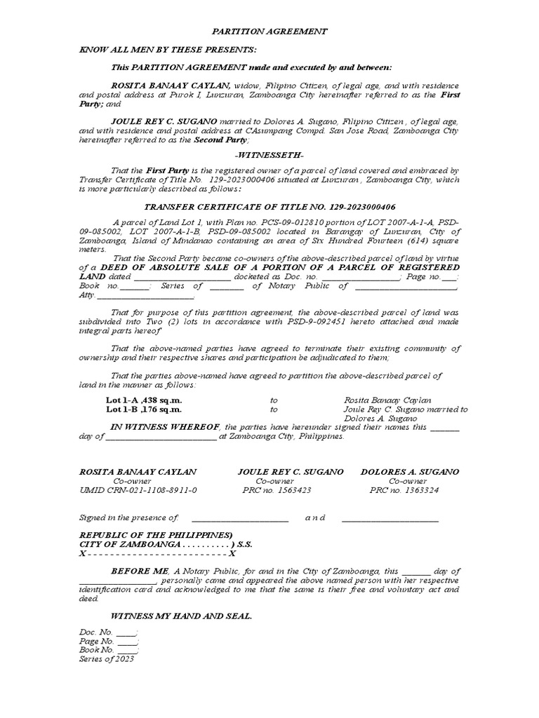 PARTITION AGREEMENT-sugano | PDF | Land Law | Common Law