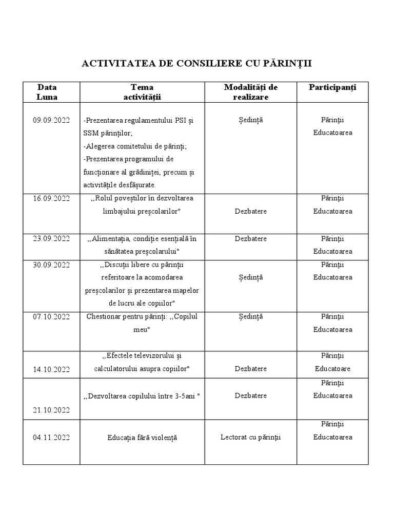 CONSILIEREA CU PARINTII - PLANIFICARE 2023 | PDF