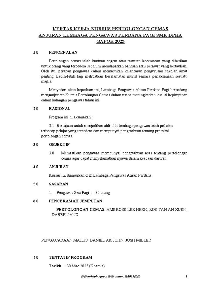 KERTAS KERJA KURSUS PERTOLONGAN CEMAS | PDF