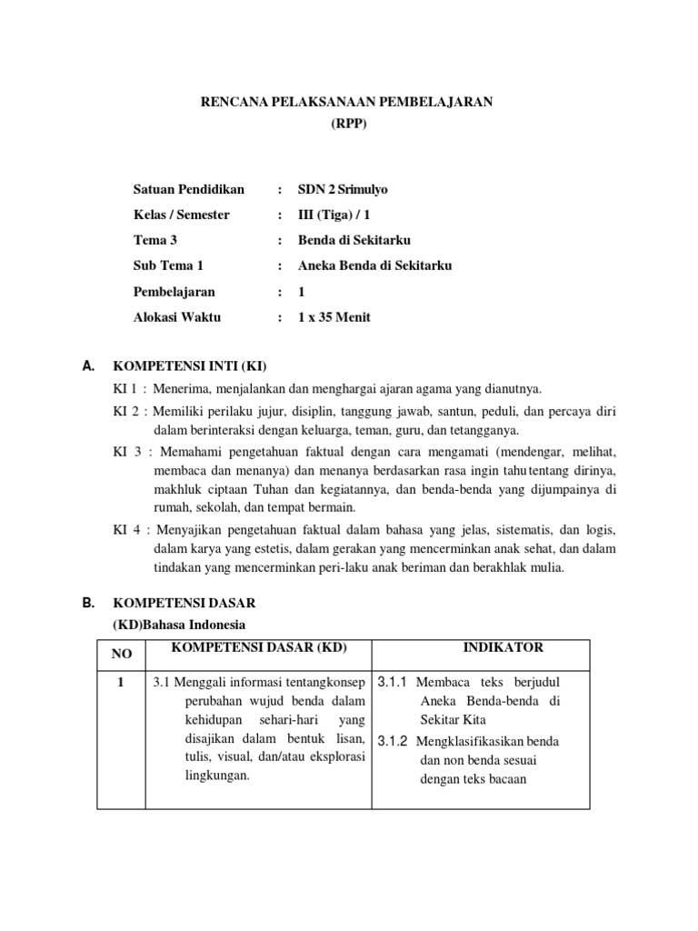 RPP Tema 3 Subtema 1 | PDF