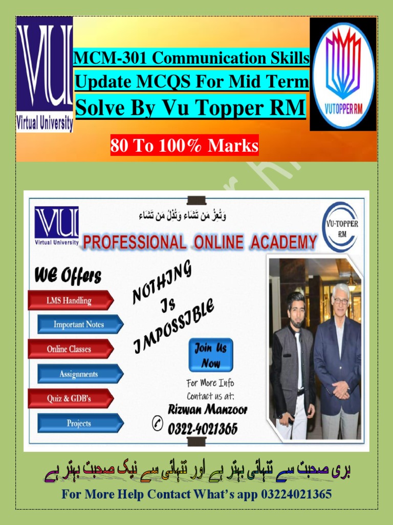 MCM301 Mcqs MidTerm by Vu Topper RM | PDF | Communication | Nonverbal ...