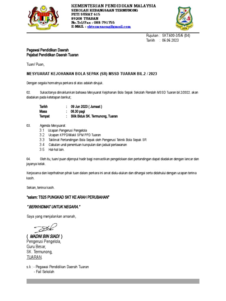 SURAT JEMPUTAN MESYUARAT BOLA SEPAK MSSD 2023 Bil 2 PPD Tuaran | PDF