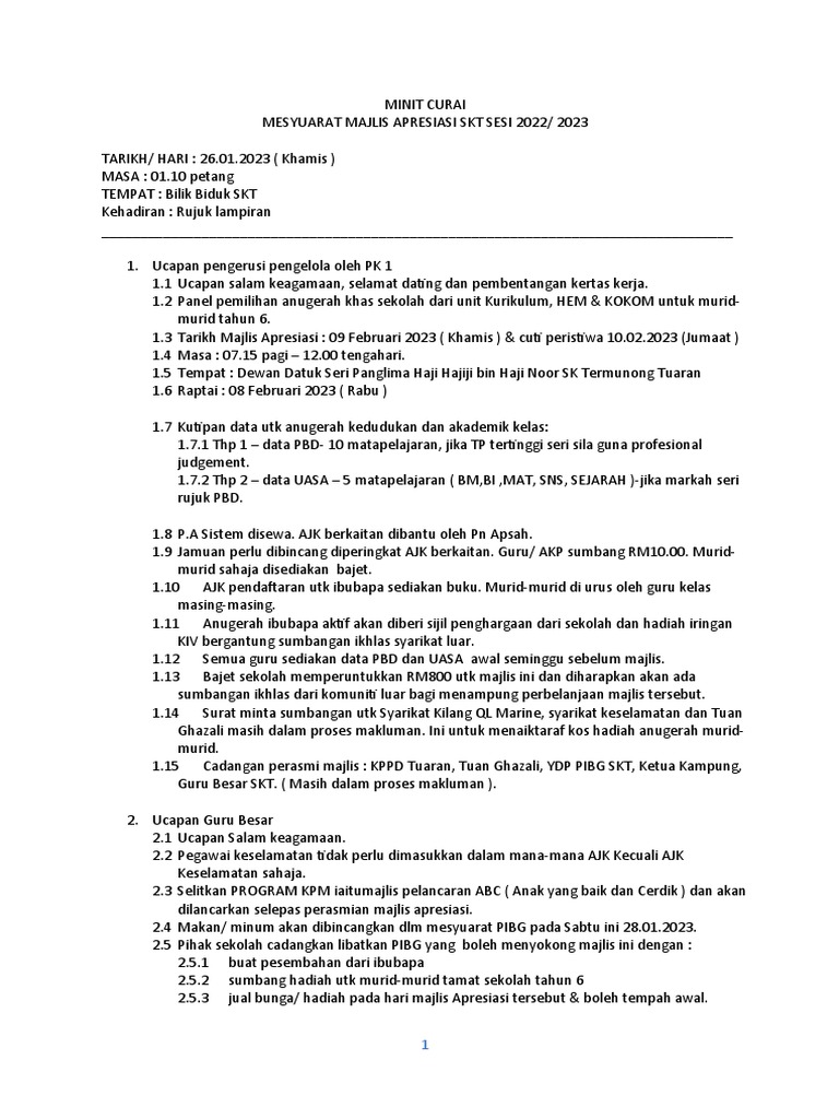 MINIT CURAI Mjlis Apresiasi Bil 1 | PDF