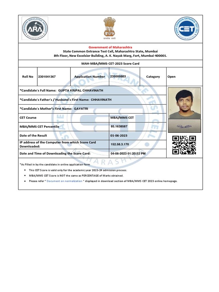 MAH MBA CET Score Card | PDF