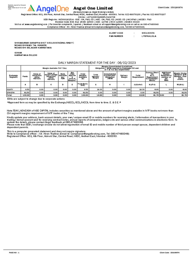 Angel One Limited: Daily Margin Statement For The Day: 06/02/2023 | PDF ...