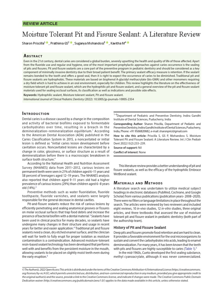 Moisture Tolerant Pit and Fissure Sealant | PDF