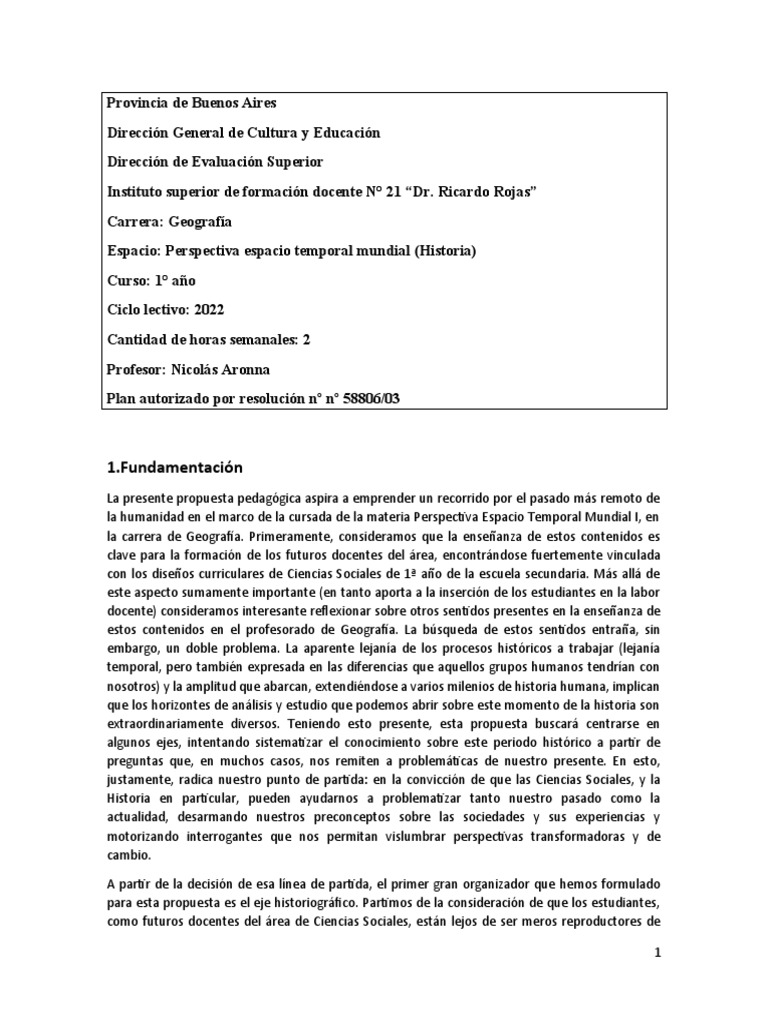Programa Perspectiva Espacio Temporal Mundial I (Historia-Profesorado de Geografia) | PDF ...