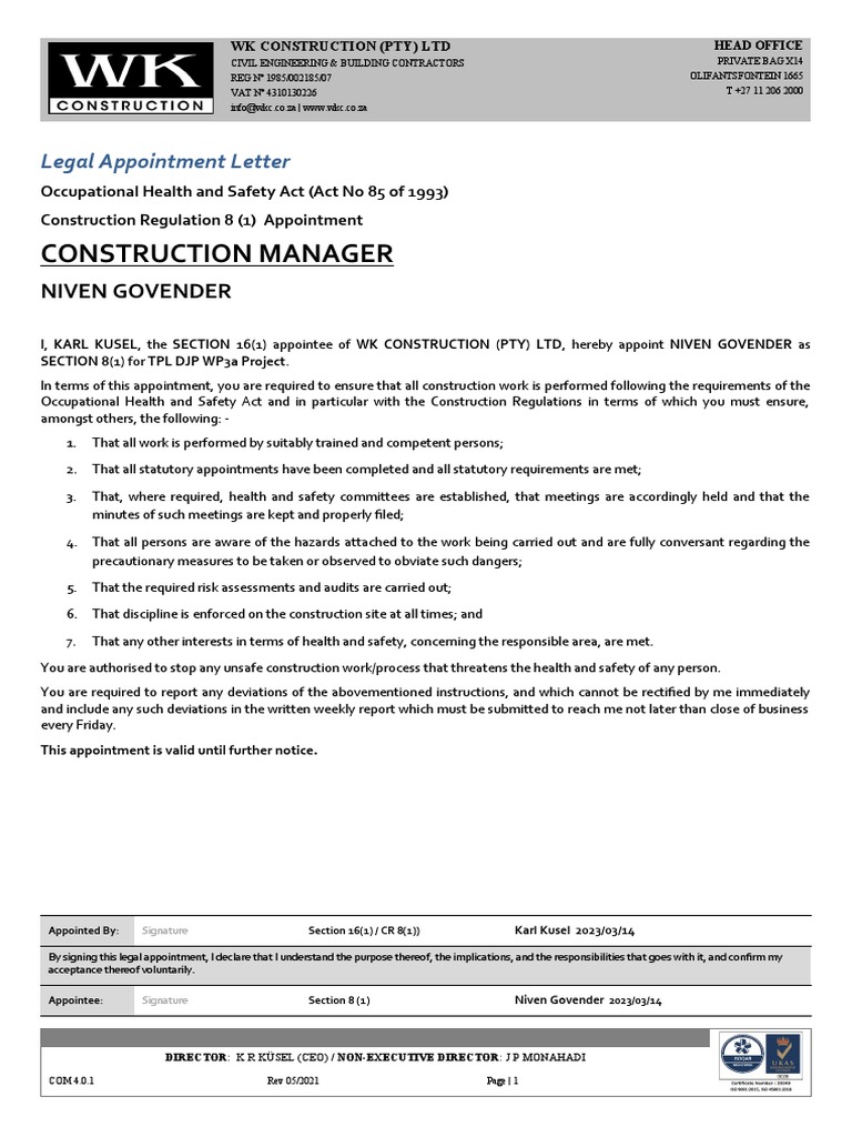 CR 8 (1) - Construction Manager - N Govender | PDF | Occupational ...