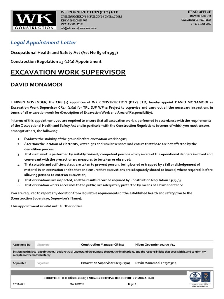 CR 13 (1) (A) (Excavation Work Supervisor) (D Monamodi) | PDF | Safety