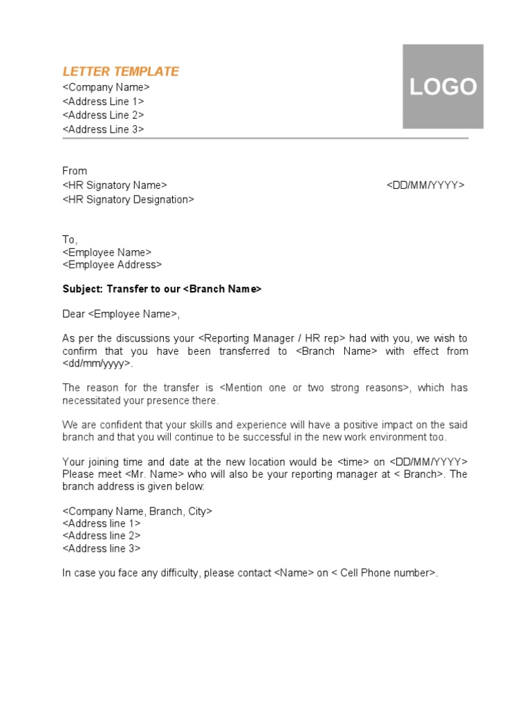 Letter Format For Branch Transfer Letter | PDF | Business | Economies