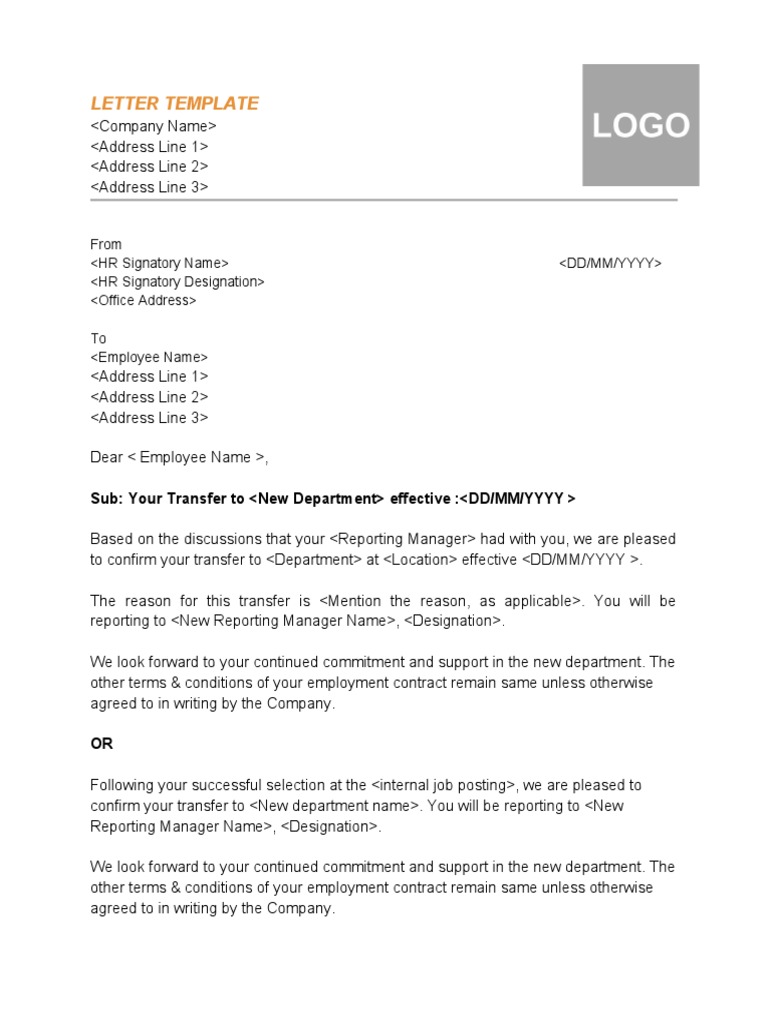 Letter Format Interdepartment Transfer | PDF | Employment | Civil Law ...