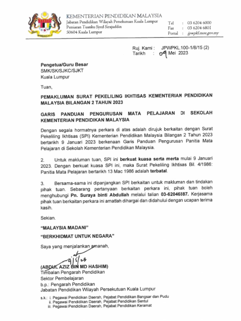 Pemakluman Surat Pekeliling Ikhtisas Kementerian Pendidikan Malaysia ...