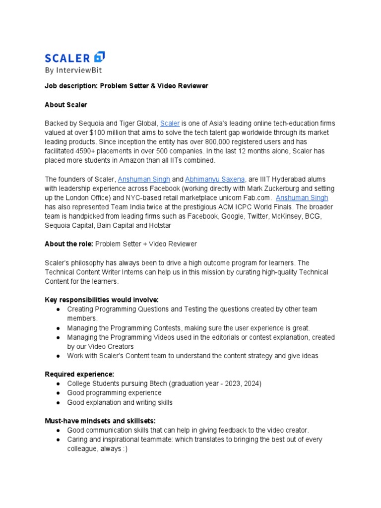 JD _ Video Reviewer Intern & Problem Setter | PDF