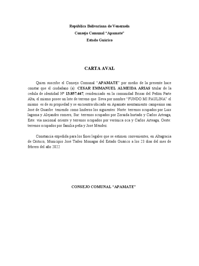Carta Aval El Roble | PDF