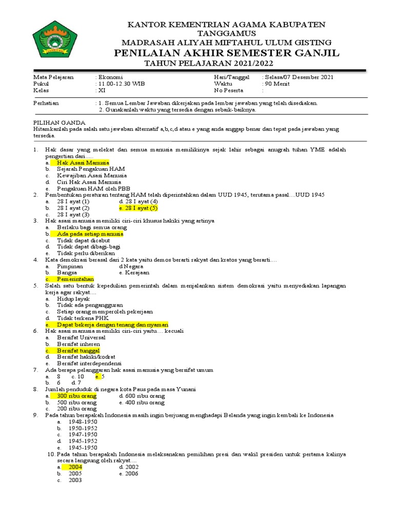 Pas PPKN Kelas Xi Semester Ganjil 2022 2023 | PDF