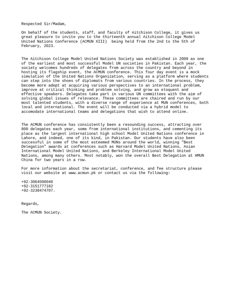 MUN Invite Format | PDF | Business