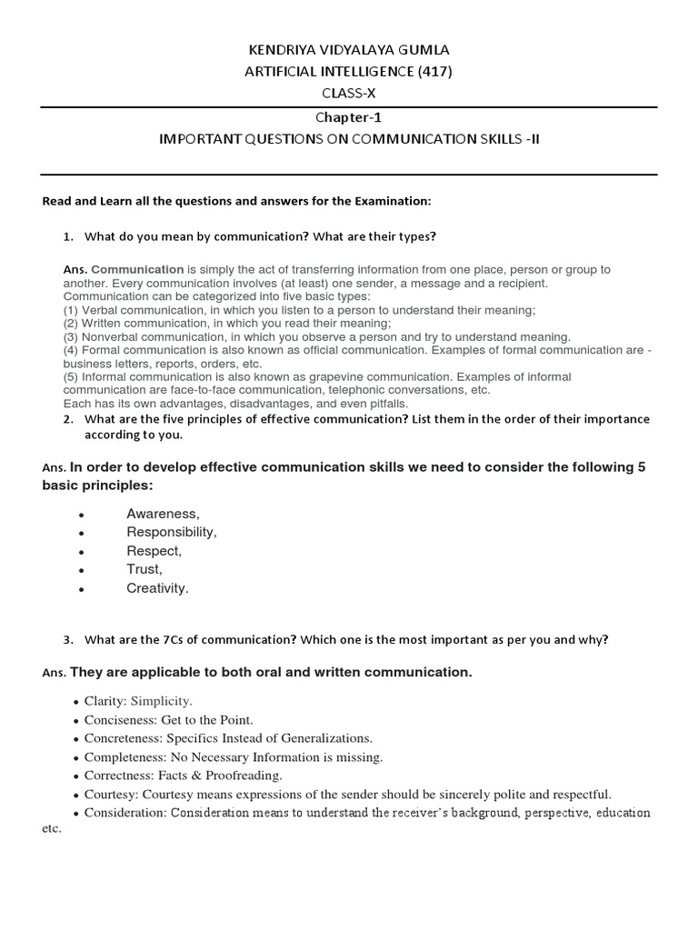 Chapter Wise Important Questions - X - Ai | PDF
