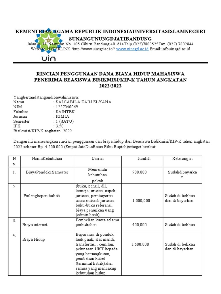 Rincian Penggunaan Uang KIP - Alsa | PDF