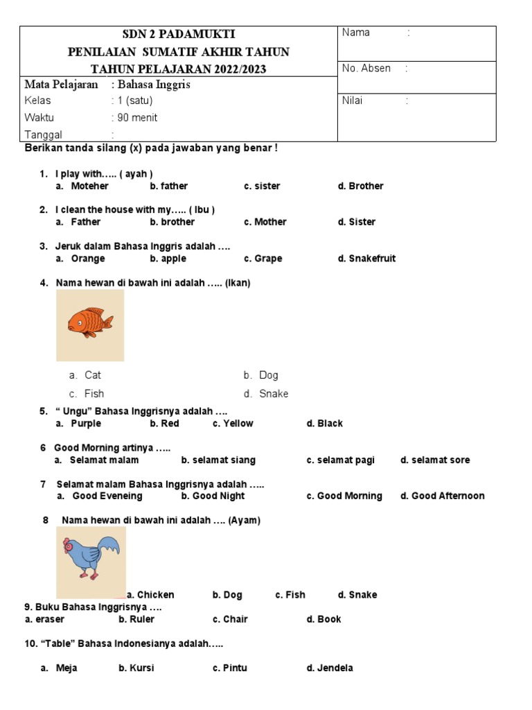 Soal Pas Kelas 1 | PDF