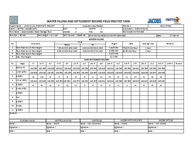 Water Filling and Settlement Record Field Erected Tank 50% | PDF