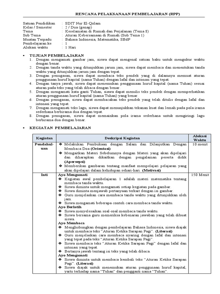 RPP 1 Lembar Kelas 2 Tema 8 (2022-2023) | PDF