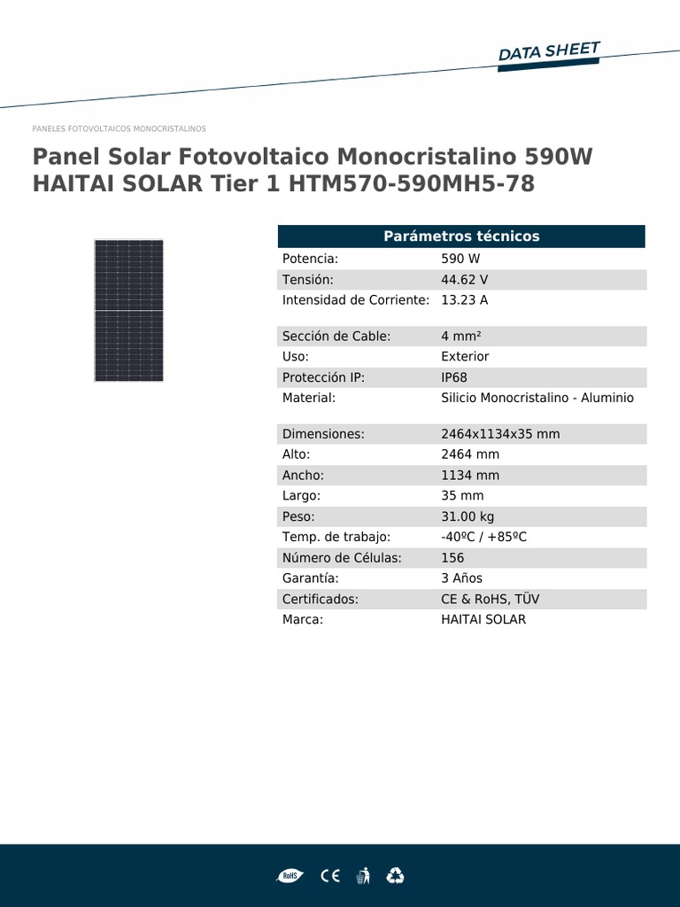 Panel Solar Fotovoltaico Monocristalino 590W HAITAI SOLAR Tier 1 HTM570 ...