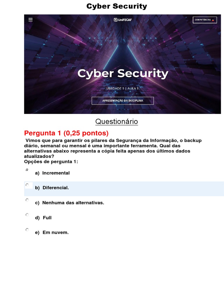 Aula 2.2 Cyber Security Questionario | PDF