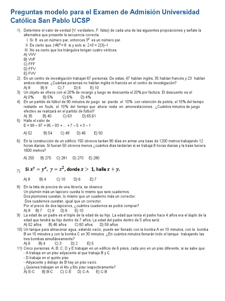Preguntas Modelo Examen UCSP | PDF