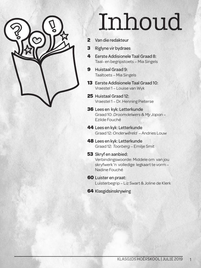 Inhoud: 1 Klasgids Hoërskool - Julie 2019 | PDF