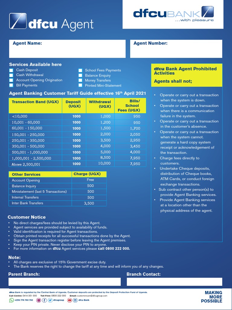 dfcu Agent Banking Tariff Guide 2021 | PDF | Banks | Wire Transfer